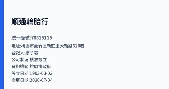順通輪胎行的照片-統編 78815115(桃園市) 公司登記資料與營業項目詳細圖表