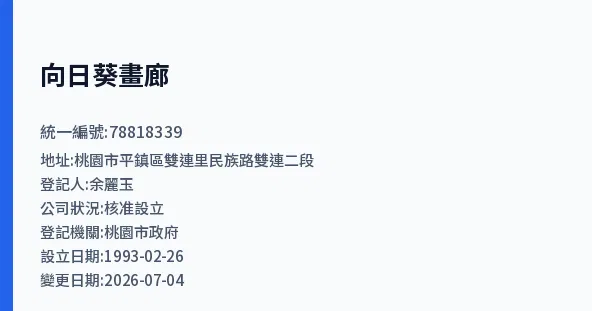 向日葵畫廊的照片-統編 78818339(桃園市) 公司登記資料與營業項目詳細圖表