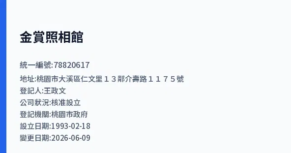 金賞照相館的照片-統編 78820617(桃園市) 公司登記資料與營業項目詳細圖表