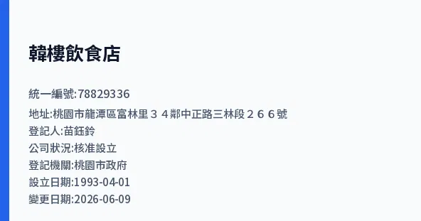 韓樓飲食店的照片-統編 78829336(桃園市) 公司登記資料與營業項目詳細圖表