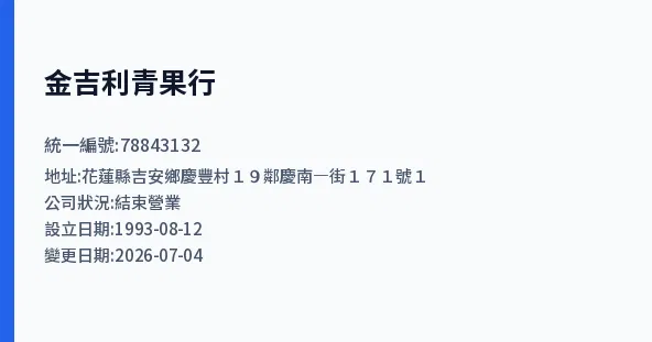 金吉利青果行的照片-統編 78843132(花蓮縣) 公司登記資料與營業項目詳細圖表