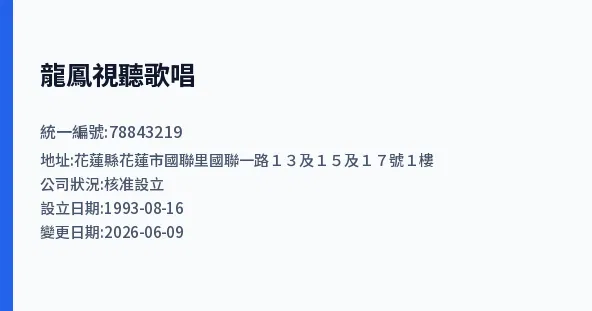 龍鳳視聽歌唱的照片-統編 78843219(花蓮縣) 公司登記資料與營業項目詳細圖表