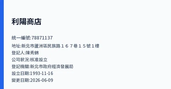 利陽商店的照片-統編 78871137(新北市) 公司登記資料與營業項目詳細圖表
