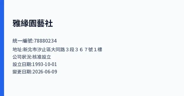 雅緣園藝社的照片-統編 78880234(新北市) 公司登記資料與營業項目詳細圖表