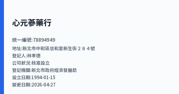 心元蔘藥行的照片-統編 78894949(新北市) 公司登記資料與營業項目詳細圖表