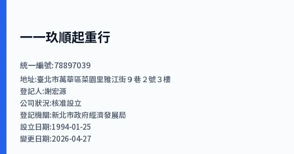 一一玖順起重行的照片-統編 78897039(臺北市) 公司登記資料與營業項目詳細圖表