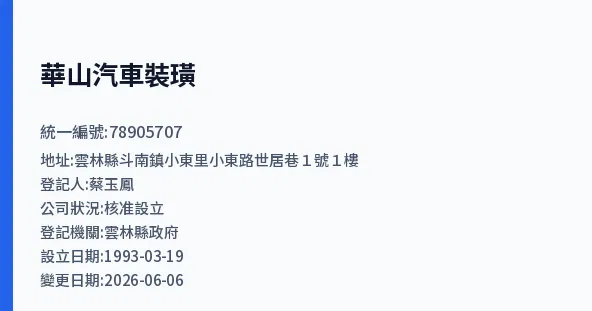 華山汽車裝璜的照片-統編 78905707(雲林縣) 公司登記資料與營業項目詳細圖表