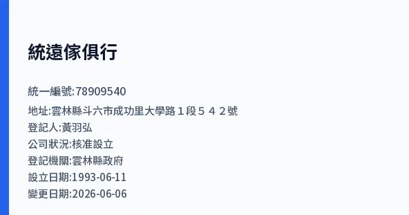統遠傢俱行的照片-統編 78909540(雲林縣) 公司登記資料與營業項目詳細圖表