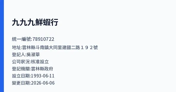 九九九鮮蝦行的照片-統編 78910722(雲林縣) 公司登記資料與營業項目詳細圖表