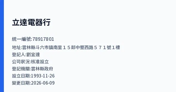 立達電器行的照片-統編 78917801(雲林縣) 公司登記資料與營業項目詳細圖表