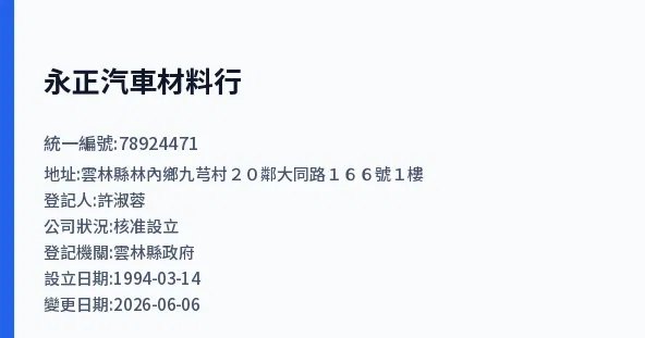 永正汽車材料行的照片-統編 78924471(雲林縣) 公司登記資料與營業項目詳細圖表