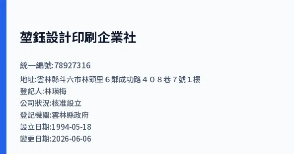 堃鈺設計印刷企業社的照片-統編 78927316(雲林縣) 公司登記資料與營業項目詳細圖表