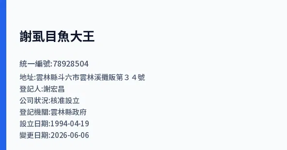 謝虱目魚大王的照片-統編 78928504(雲林縣) 公司登記資料與營業項目詳細圖表