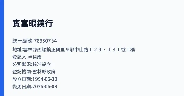 寶富眼鏡行的照片-統編 78930754(雲林縣) 公司登記資料與營業項目詳細圖表