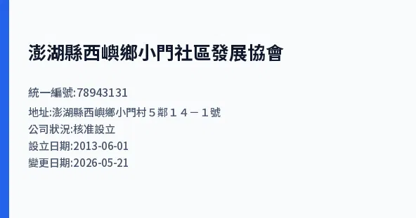 澎湖縣西嶼鄉小門社區發展協會的照片-統編 78943131(澎湖縣) 公司登記資料與營業項目詳細圖表
