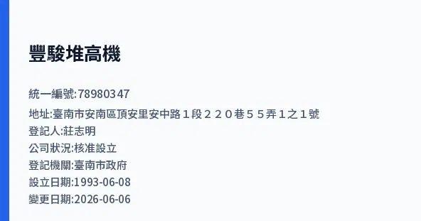豐駿堆高機的照片-統編 78980347(臺南市) 公司登記資料與營業項目詳細圖表