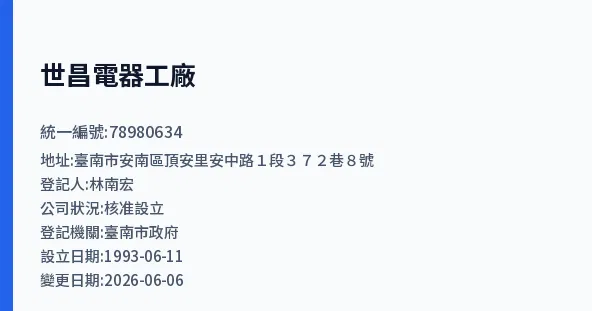 世昌電器工廠的照片-統編 78980634(臺南市) 公司登記資料與營業項目詳細圖表