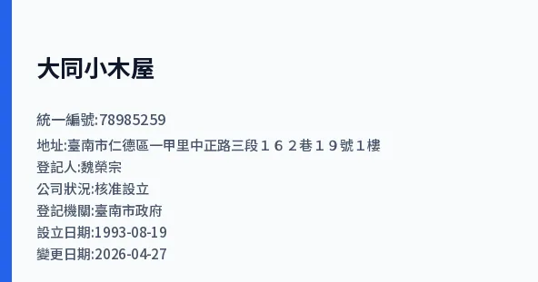 大同小木屋的照片-統編 78985259(臺南市) 公司登記資料與營業項目詳細圖表