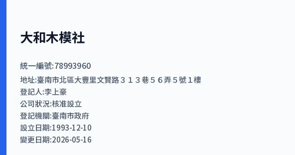 大和木模社的照片-統編 78993960(臺南市) 公司登記資料與營業項目詳細圖表
