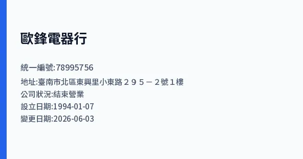 歐鋒電器行的照片-統編 78995756(臺南市) 公司登記資料與營業項目詳細圖表