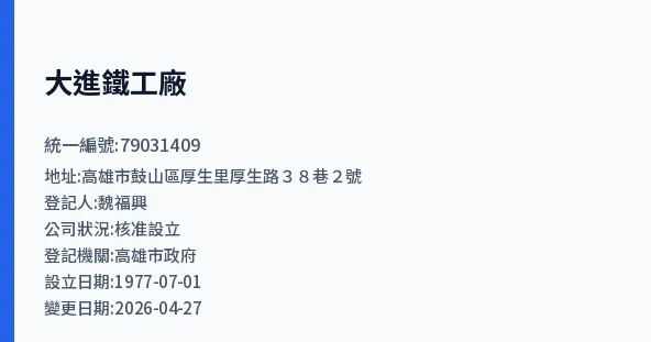 大進鐵工廠的照片-統編 79031409(高雄市) 公司登記資料與營業項目詳細圖表