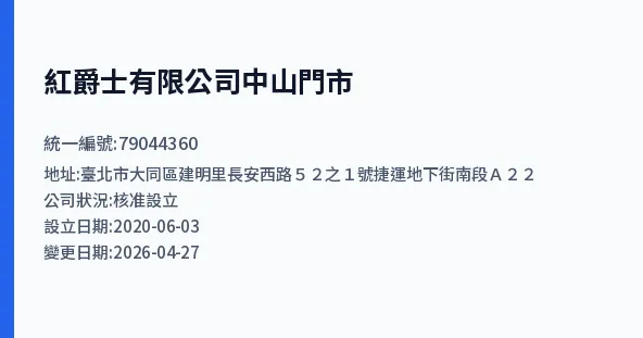 紅爵士有限公司中山門市的照片-統編 79044360(臺北市) 公司登記資料與營業項目詳細圖表