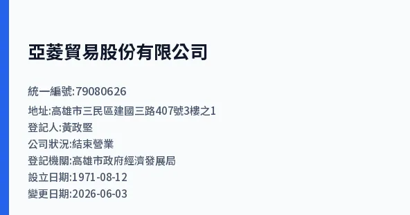亞菱貿易股份有限公司的照片-統編 79080626(高雄市) 公司登記資料與營業項目詳細圖表