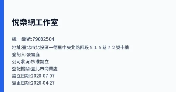悅樂網工作室的照片-統編 79082504(臺北市) 公司登記資料與營業項目詳細圖表