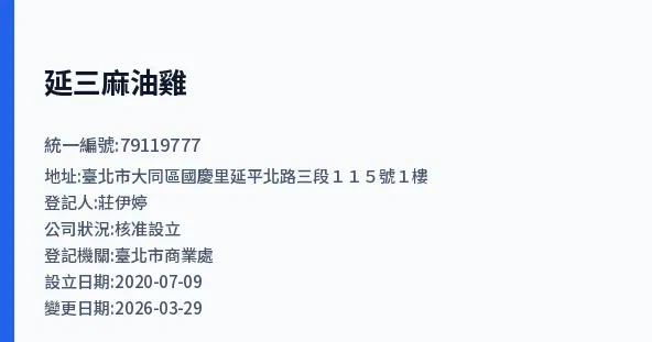 延三麻油雞的照片-統編 79119777(臺北市) 公司登記資料與營業項目詳細圖表