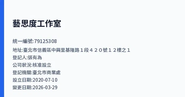 藝思度工作室的照片-統編 79125308(臺北市) 公司登記資料與營業項目詳細圖表
