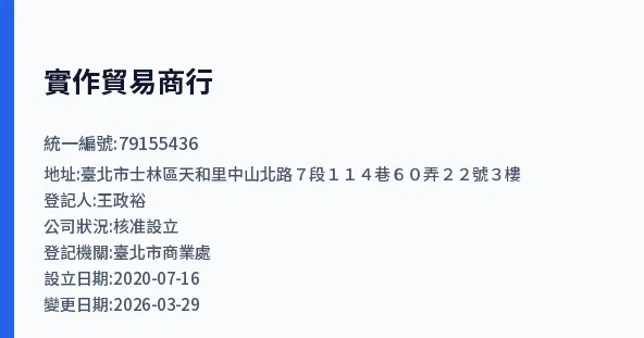 實作貿易商行的照片-統編 79155436(臺北市) 公司登記資料與營業項目詳細圖表