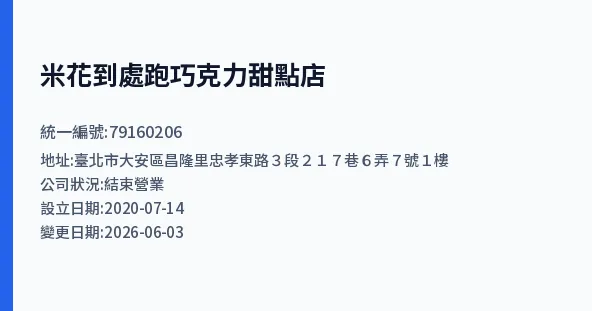 米花到處跑巧克力甜點店的照片-統編 79160206(臺北市) 公司登記資料與營業項目詳細圖表