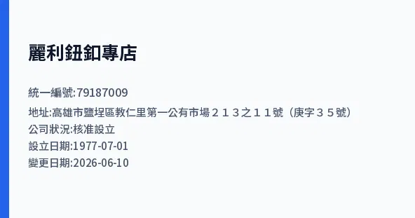 麗利鈕釦專店的照片-統編 79187009(高雄市) 公司登記資料與營業項目詳細圖表
