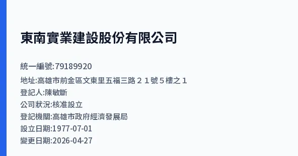 東南實業建設股份有限公司的照片-統編 79189920(高雄市) 公司登記資料與營業項目詳細圖表