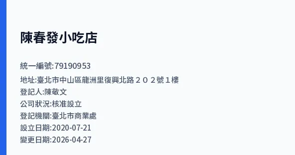 陳春發小吃店的照片-統編 79190953(臺北市) 公司登記資料與營業項目詳細圖表