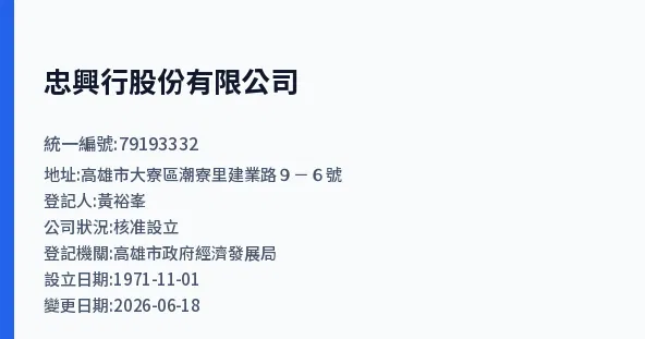 忠興行股份有限公司的照片-統編 79193332(高雄市) 公司登記資料與營業項目詳細圖表