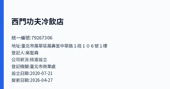 西門功夫冷飲店的照片-統編 79267306(臺北市) 公司登記資料與營業項目詳細圖表