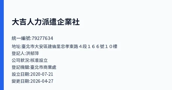 大吉人力派遣企業社的照片-統編 79277634(臺北市) 公司登記資料與營業項目詳細圖表