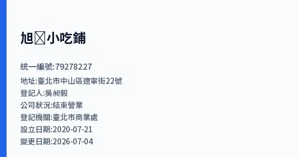 旭镹小吃鋪的照片-統編 79278227(臺北市) 公司登記資料與營業項目詳細圖表