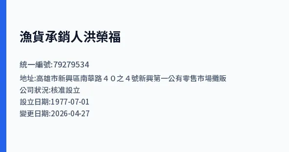 漁貨承銷人洪榮福的照片-統編 79279534(高雄市) 公司登記資料與營業項目詳細圖表