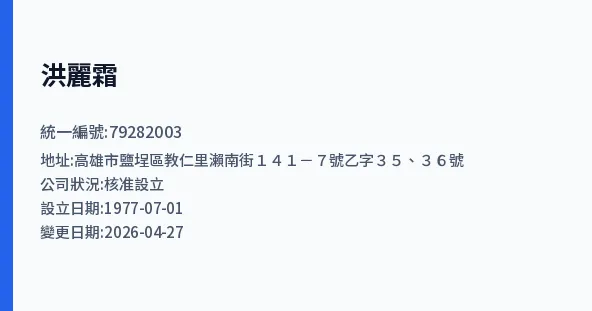 洪麗霜的照片-統編 79282003(高雄市) 公司登記資料與營業項目詳細圖表
