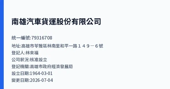 南雄汽車貨運股份有限公司的照片-統編 79316708(高雄市) 公司登記資料與營業項目詳細圖表