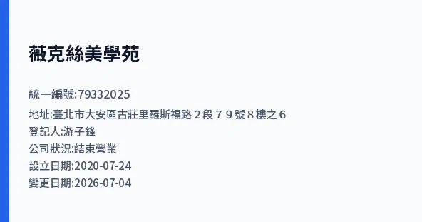薇克絲美學苑的照片-統編 79332025(臺北市) 公司登記資料與營業項目詳細圖表