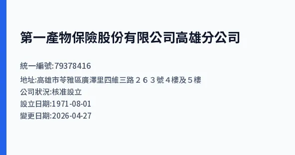 第一產物保險股份有限公司高雄分公司的照片-統編 79378416(高雄市) 公司登記資料與營業項目詳細圖表