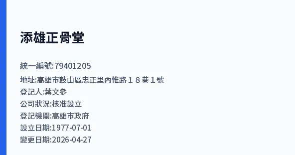 添雄正骨堂的照片-統編 79401205(高雄市) 公司登記資料與營業項目詳細圖表