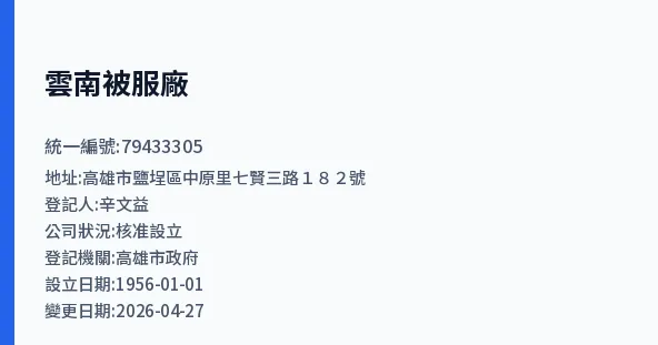雲南被服廠的照片-統編 79433305(高雄市) 公司登記資料與營業項目詳細圖表