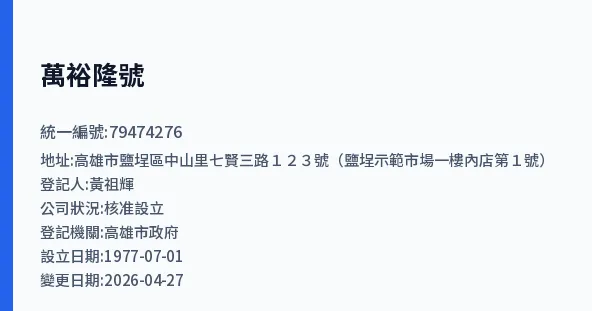 萬裕隆號的照片-統編 79474276(高雄市) 公司登記資料與營業項目詳細圖表