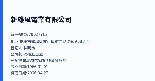 新雄風電業有限公司的照片-統編 79527703(高雄市) 公司登記資料與營業項目詳細圖表