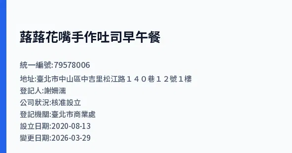 蕗蕗花嘴手作吐司早午餐的照片-統編 79578006(臺北市) 公司登記資料與營業項目詳細圖表