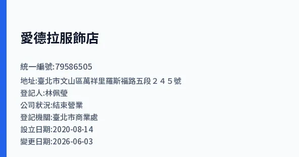 愛德拉服飾店的照片-統編 79586505(臺北市) 公司登記資料與營業項目詳細圖表